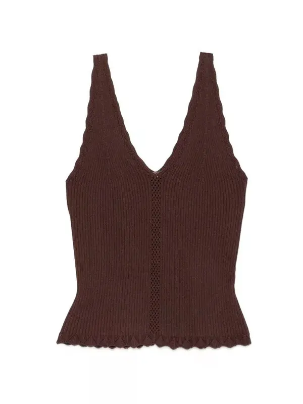 TWINSET Ribbed Scalloped-edge V-neck Top - Brown