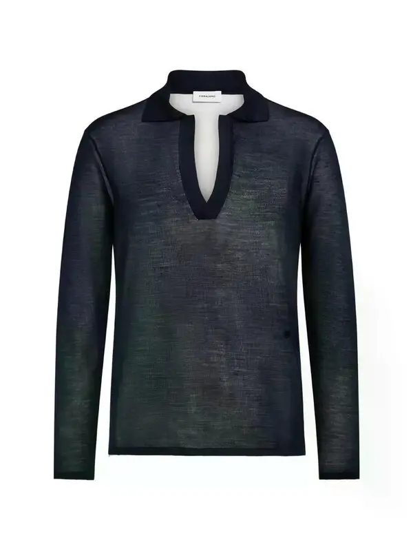 FERRAGAMO Long-sleeve Knitted Silk Polo Shirt - Blue