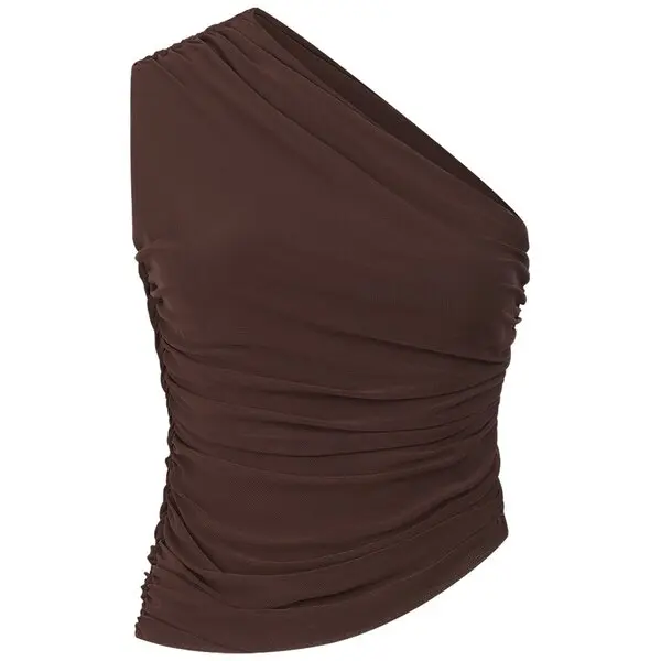 CELESTINE & MAE One Shoulder Ruched Mesh Top - Brown