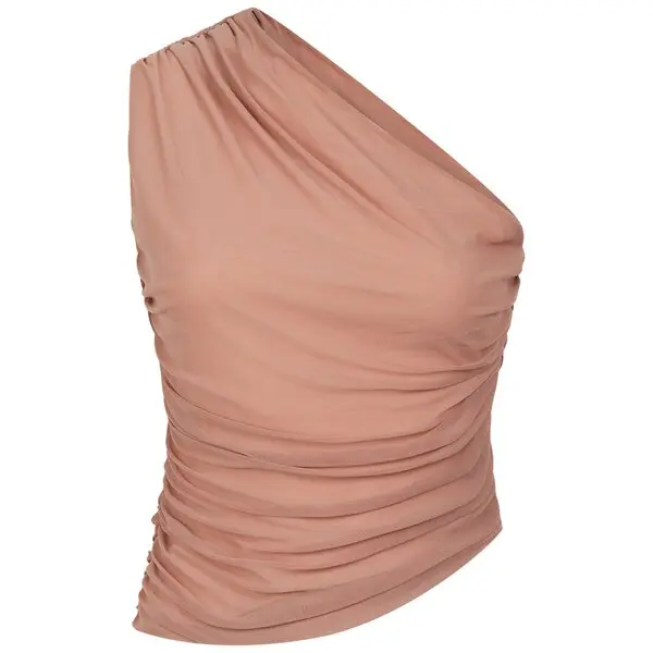 CELESTINE & MAE Aura One Shoulder Ruched Mesh Top - Pink