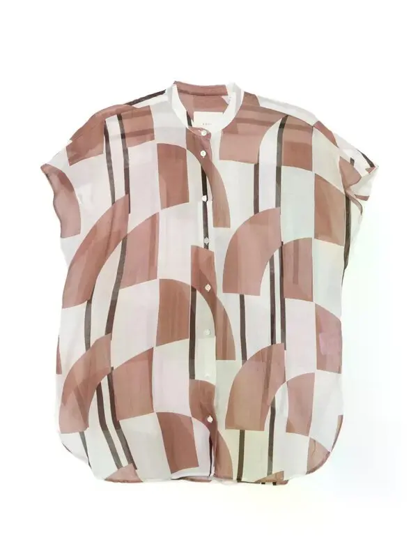 XACUS Nevil Geometric Print Band Collar Blouse - Brown