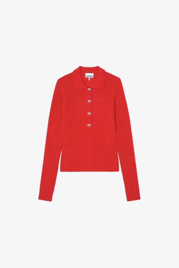 GANNI Classic Collar Long Sleeve Polo Shirt