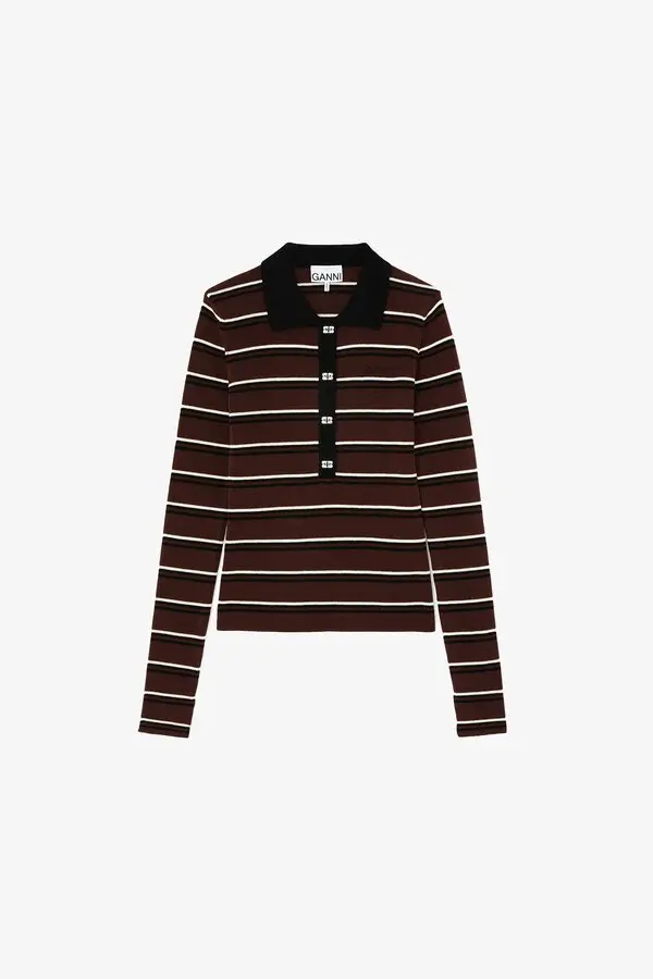 GANNI Classic Collar Long Sleeve Polo Shirt - Mixed