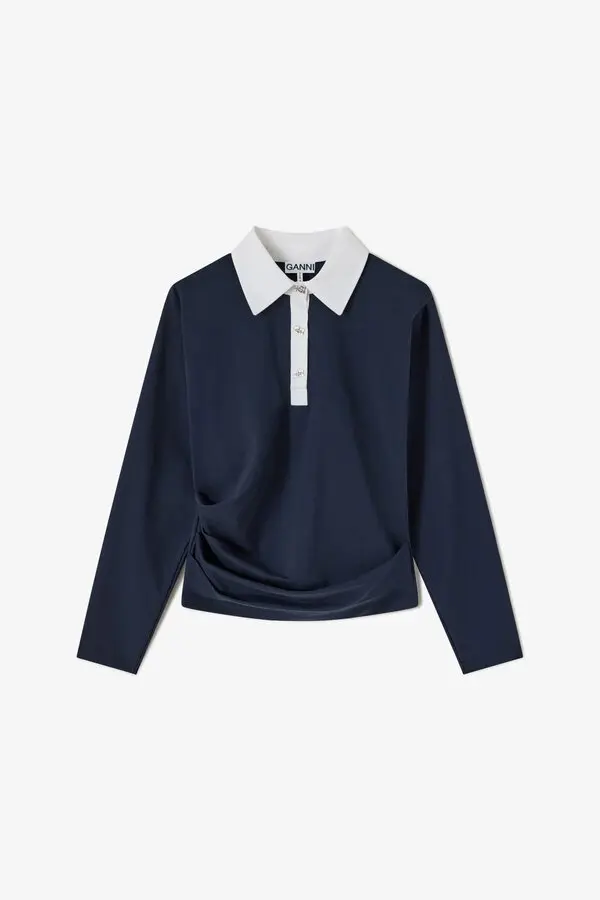 GANNI Long Sleeve Polo Shirt - Navy