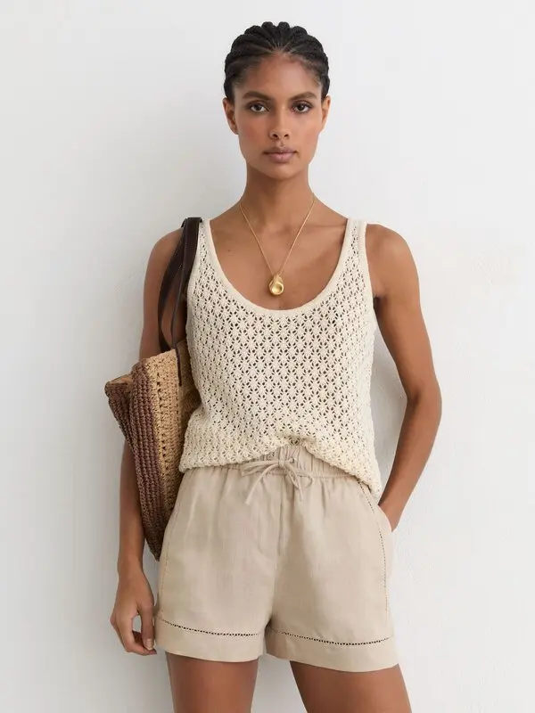 REISS Riley Linen Ladder-embroidered Shorts - Neutral
