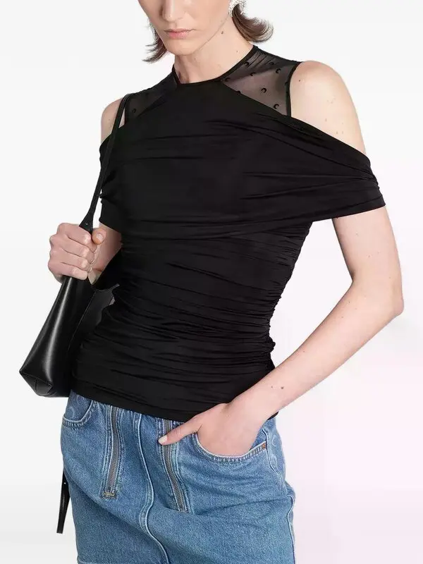 MARINE SERRE Ruched Cold-shoulder Top With Mesh Panels