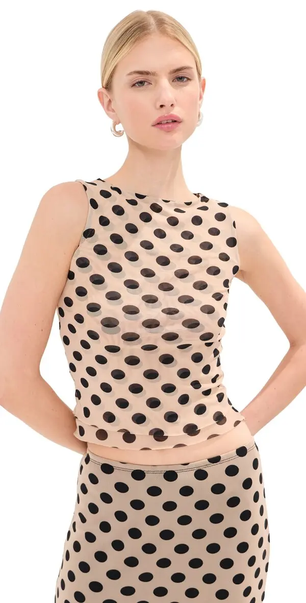 LE BOP Carrie Tank Polka Dot Mesh Sleeveless Top - Tan/black Polka Dot