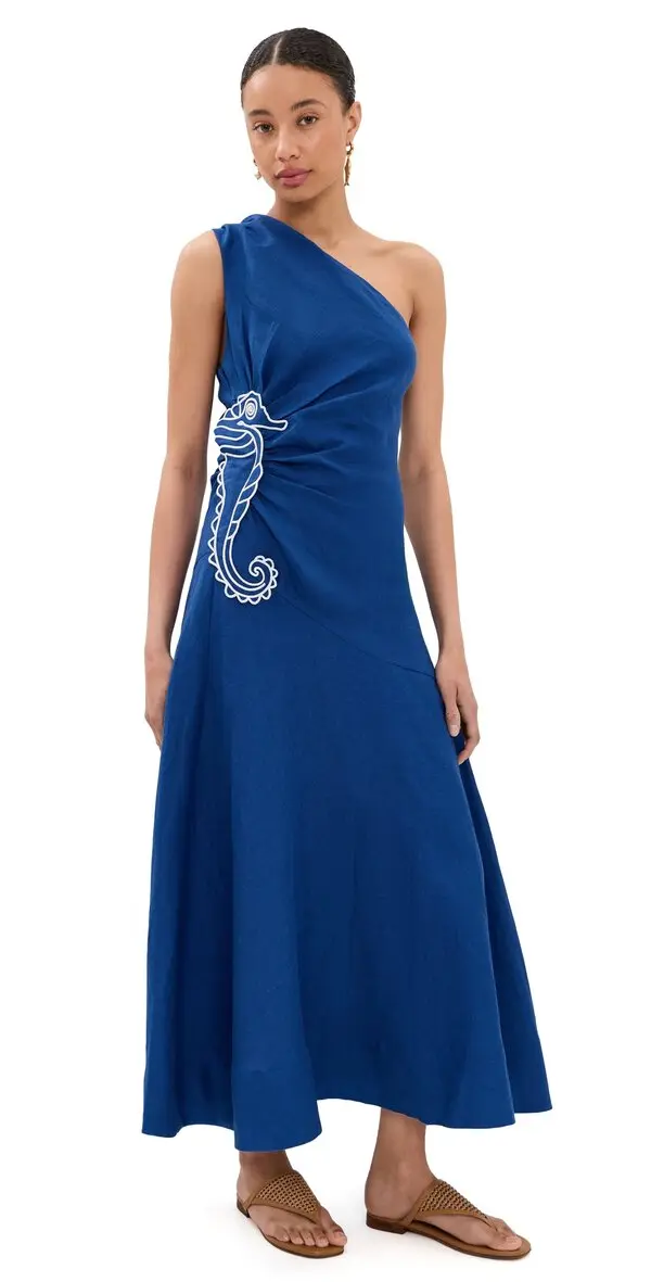 Farm Rio Seahorse Embroidery One-shoulder Maxi Dress