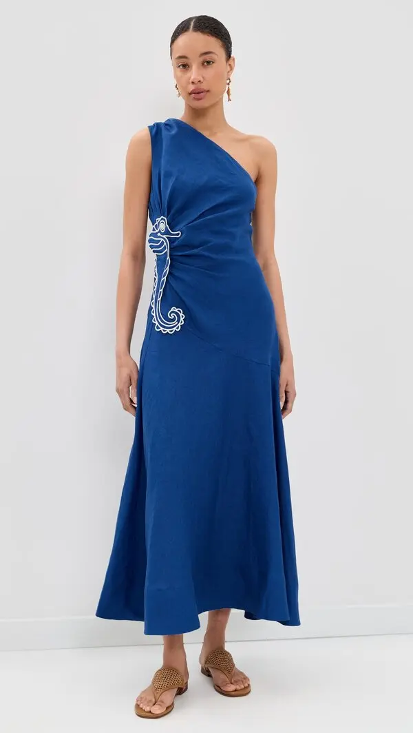Farm Rio Seahorse Embroidery One-shoulder Maxi Dress