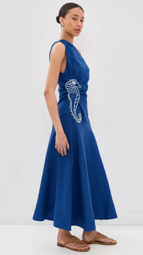Farm Rio Seahorse Embroidery One-shoulder Maxi Dress