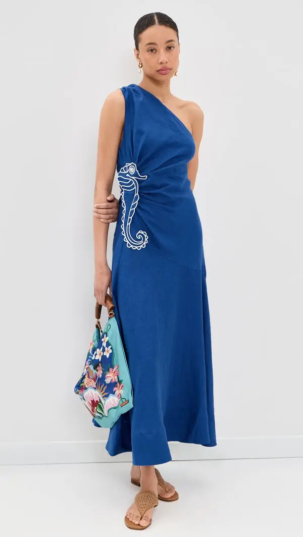 Farm Rio Seahorse Embroidery One-shoulder Maxi Dress