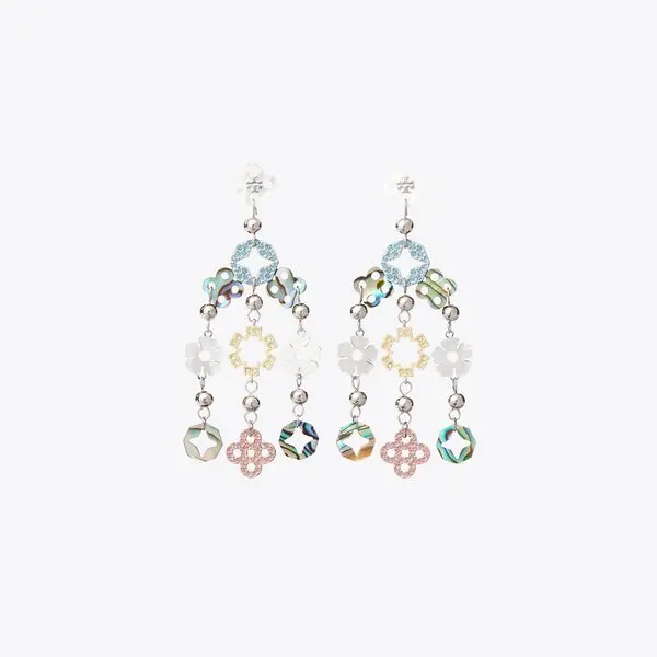 Tory Burch Forget Me Not Chandelier Earrings With Mother-of-pearl, Abalone, And Crystal - Tory Silver / Multi