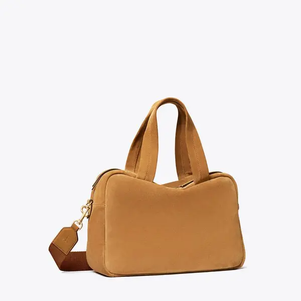 Tory Burch Suede Satchel With Webbing Strap And Button Hardware - Toffee
