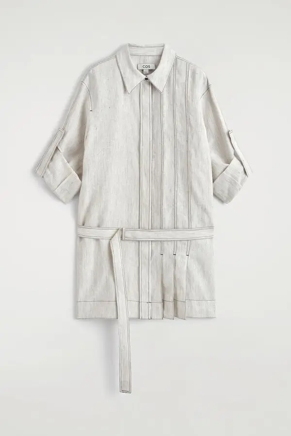 Cos Belted Pleated Linen Mini Shirt Dress - Gray