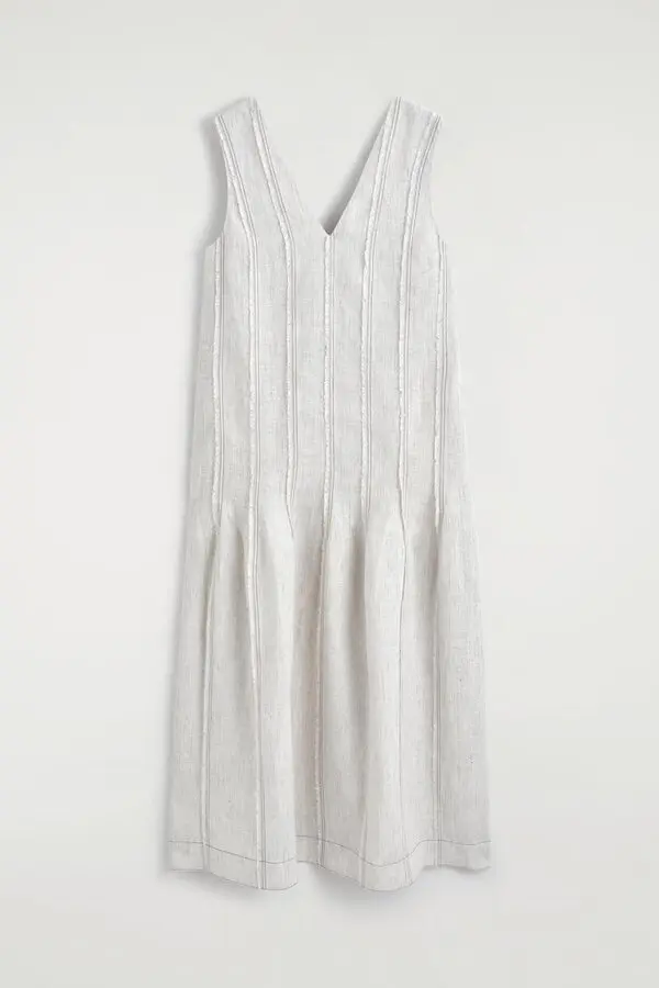 Cos Sculpted Linen Midi Dress With Pleated Skirt And Frayed Trims - Gray