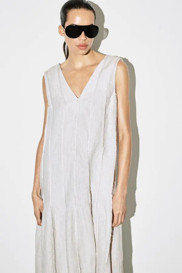 Cos Sculpted Linen Midi Dress With Pleated Skirt And Frayed Trims