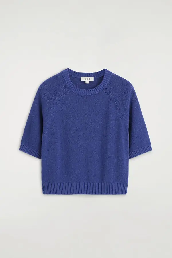 Cos Shrunken Knitted Linen T-shirt - Blue
