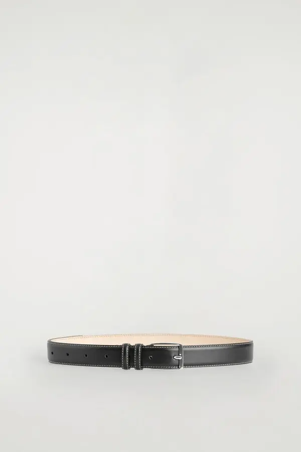 Cos Leather Topstitched Belt With Silver-tone Buckle - Black