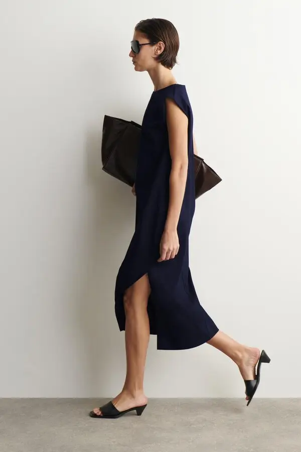 Cos Folded-shoulder Cotton-jersey Midi Dress - Navy