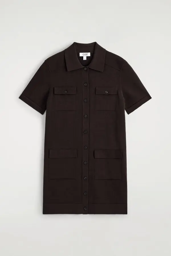 Cos Knitted Cotton Mini Dress With Utility Pockets - Brown