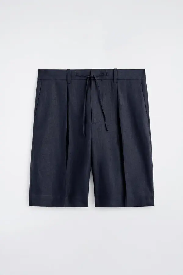 Cos Pleated Linen Drawstring Shorts - Navy