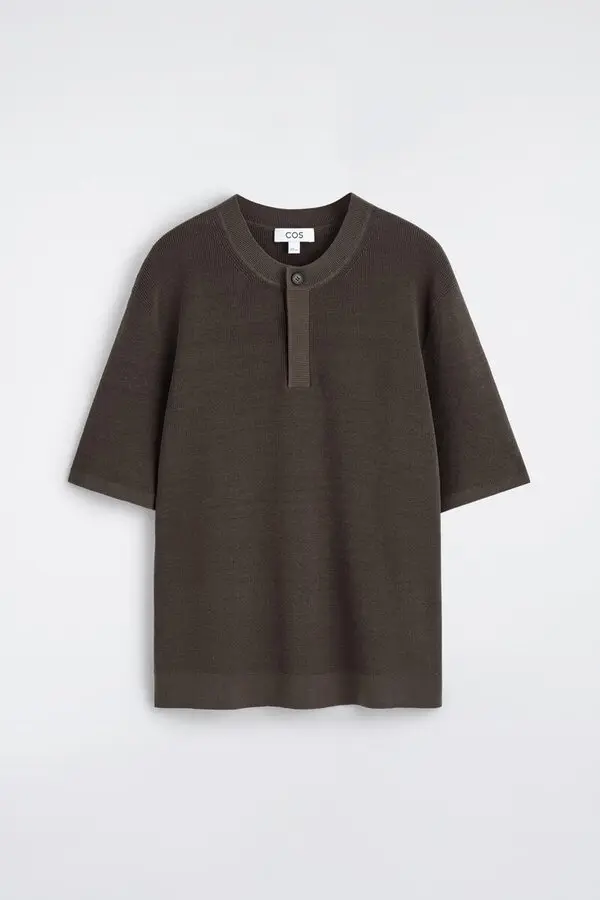 Cos Knitted Linen Henley T-shirt - Brown
