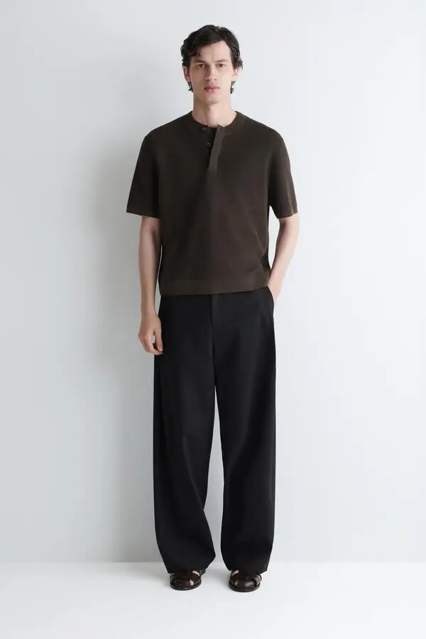 Cos Knitted Linen Henley T-shirt - Brown