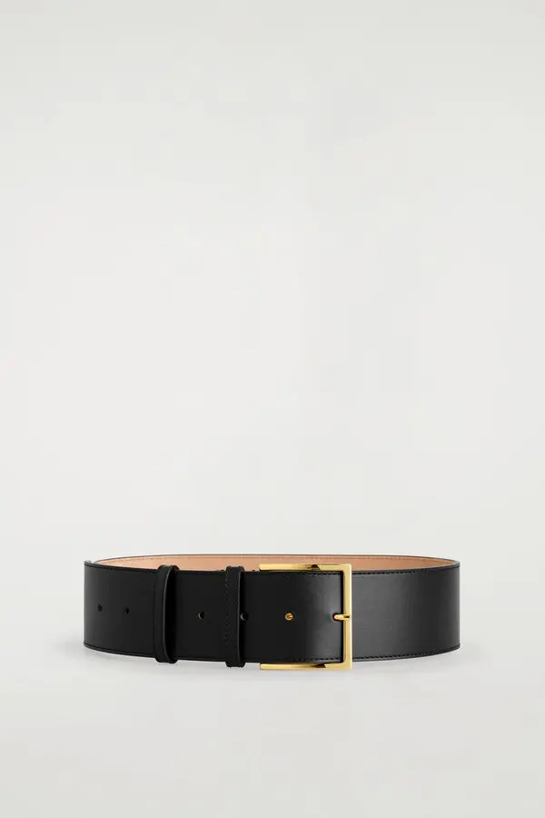 Cos Wide Leather Belt With Gold Tone Buckle - Black