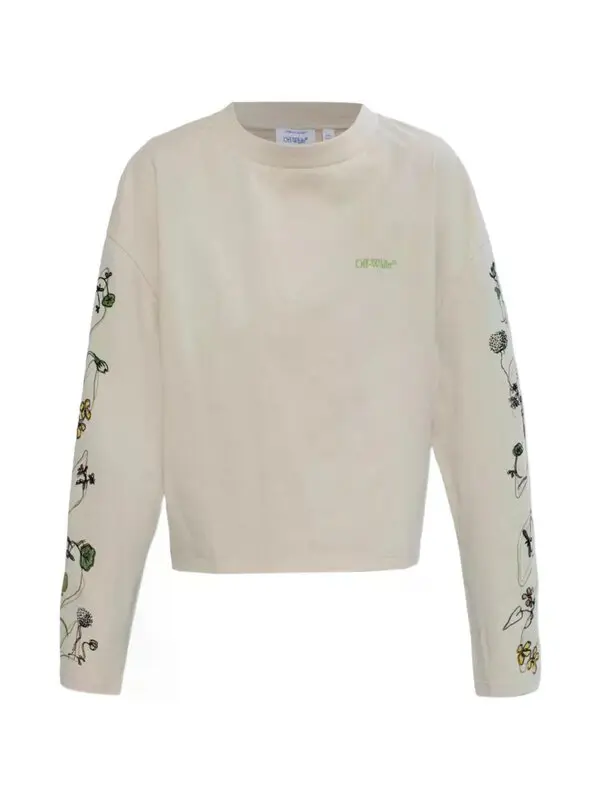 Off-White Floral Print Logo Embroidered T-shirt - Neutrals