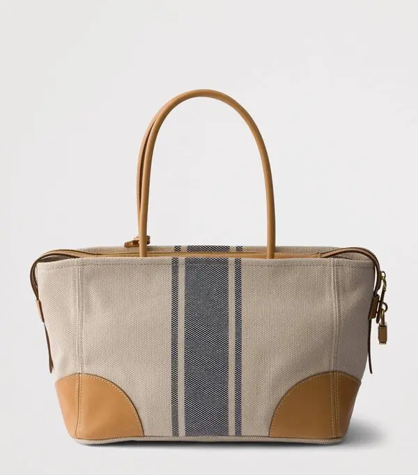Prada Large Canvas And Leather Shopper Bag - Neutral