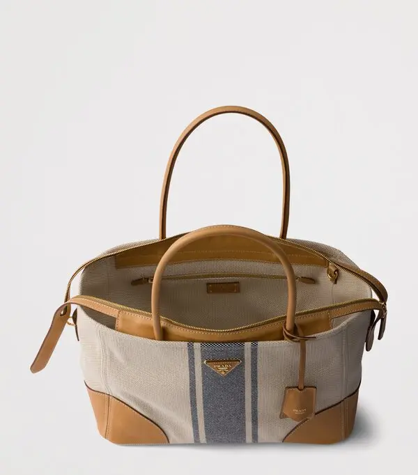 Prada Large Canvas And Leather Shopper Bag - Neutral