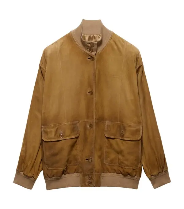 Prada Suede Bomber Jacket With Logo Detail - Neutral