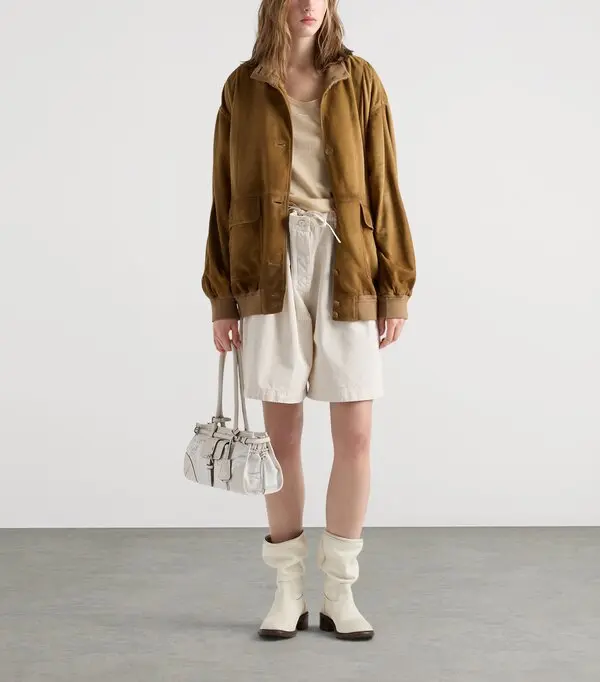 Prada Suede Bomber Jacket With Logo Detail - Neutral
