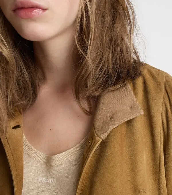 Prada Suede Bomber Jacket With Logo Detail - Neutral