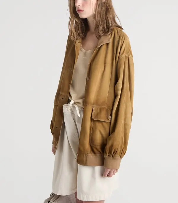 Prada Suede Bomber Jacket With Logo Detail - Neutral
