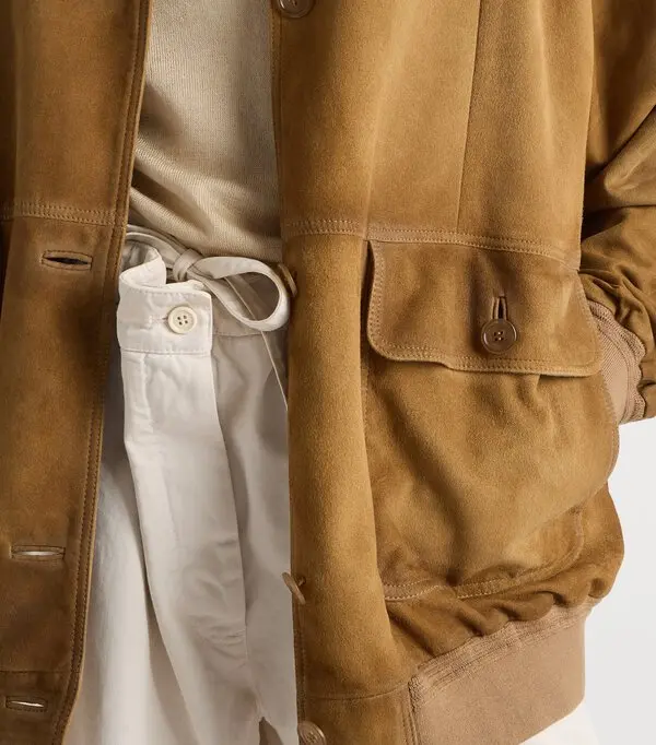 Prada Suede Bomber Jacket With Logo Detail - Neutral