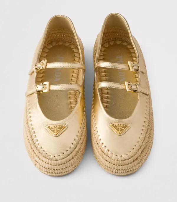 Prada Leather And Raffia Ballet Flats - Metallic