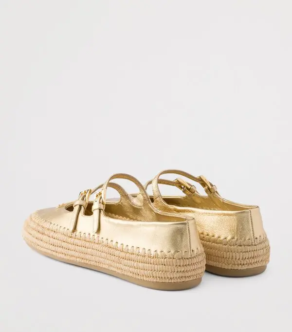 Prada Leather And Raffia Ballet Flats - Metallic