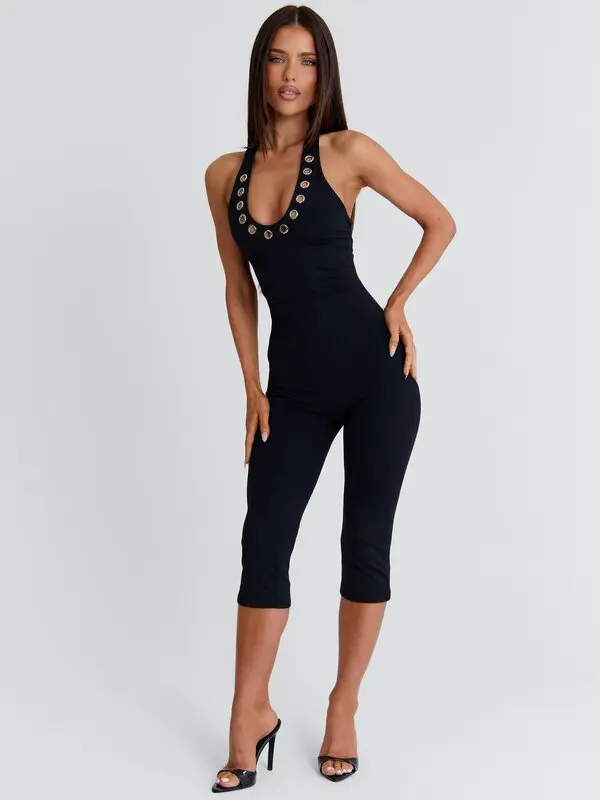 OUTCAST Vidae Jumpsuit With Plunge Neckline And Eyelet Detail - Black