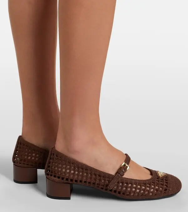 Prada Crochet Mary Jane Pumps With Buckle Ankle Strap - Brown