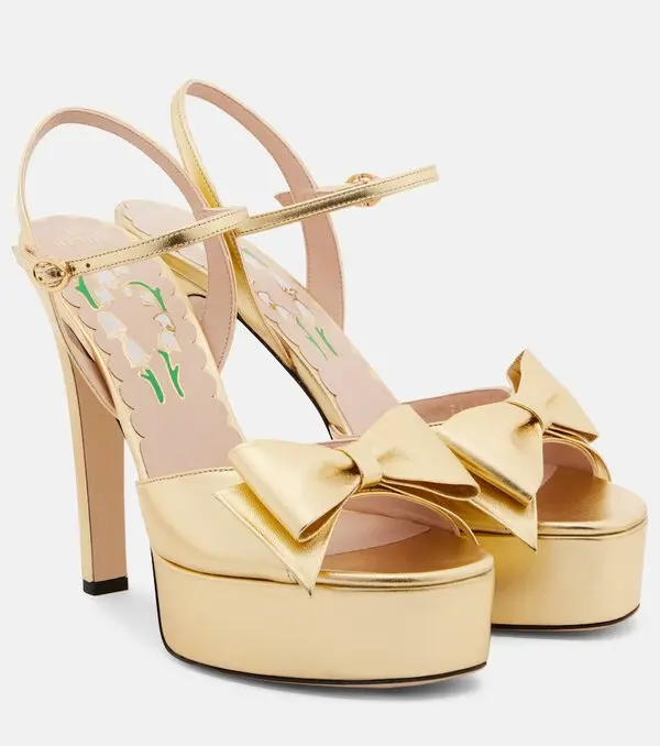 Valentino Garavani Metallic Leather Platform Sandals With Bow Detailing - Gold