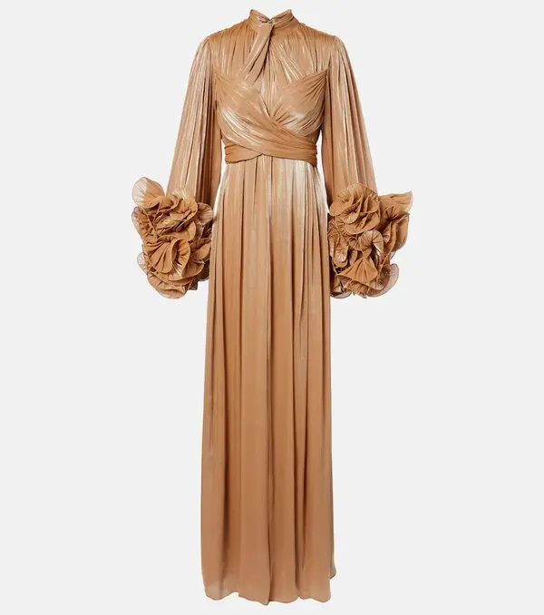 Costarellos Ruffled Lurex Georgette Gown - Beige