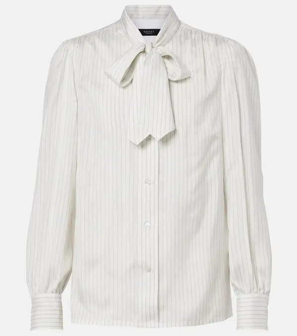 Gucci Pinstripe Tie-neck Silk Shirt - White