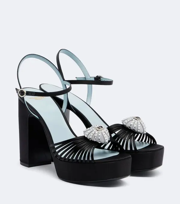 Valentino Garavani Embellished Satin Platform Sandals - Black/crystal