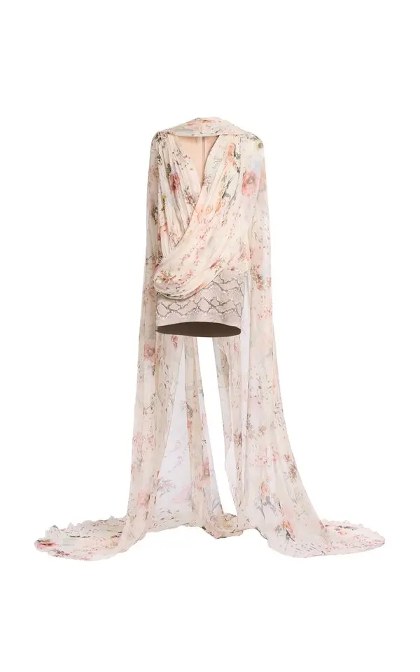 Elie Saab Printed Chiffon Cape Dress
