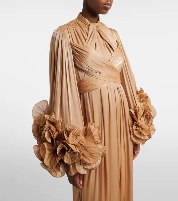 Costarellos Ruffled Lurex Georgette Gown - Beige