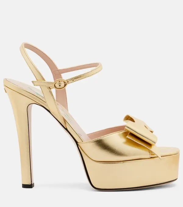Valentino Garavani Metallic Leather Platform Sandals With Bow Detailing