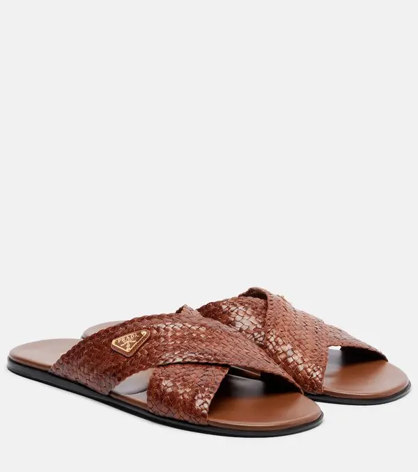 Prada Woven Leather Slides - Brown