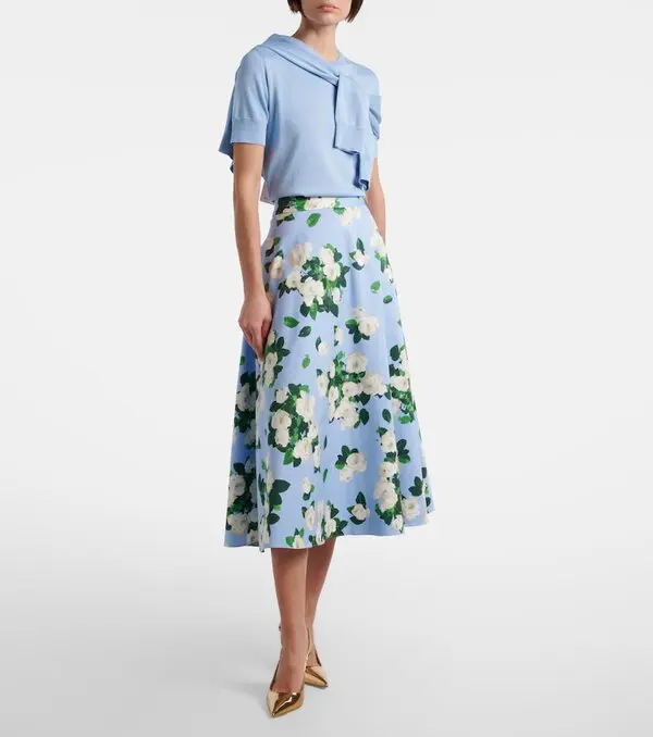 Carolina Herrera Floral Faille Midi Skirt - Blue