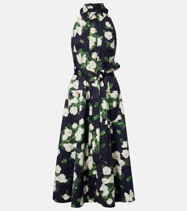 Carolina Herrera Floral Print Cotton Blend Midi Dress - Blue